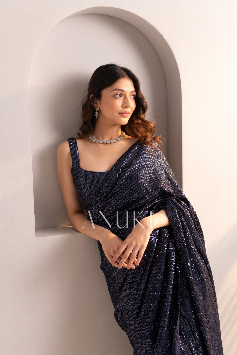 Navy Blue Embellished Sequin Saree – Anuki.in
