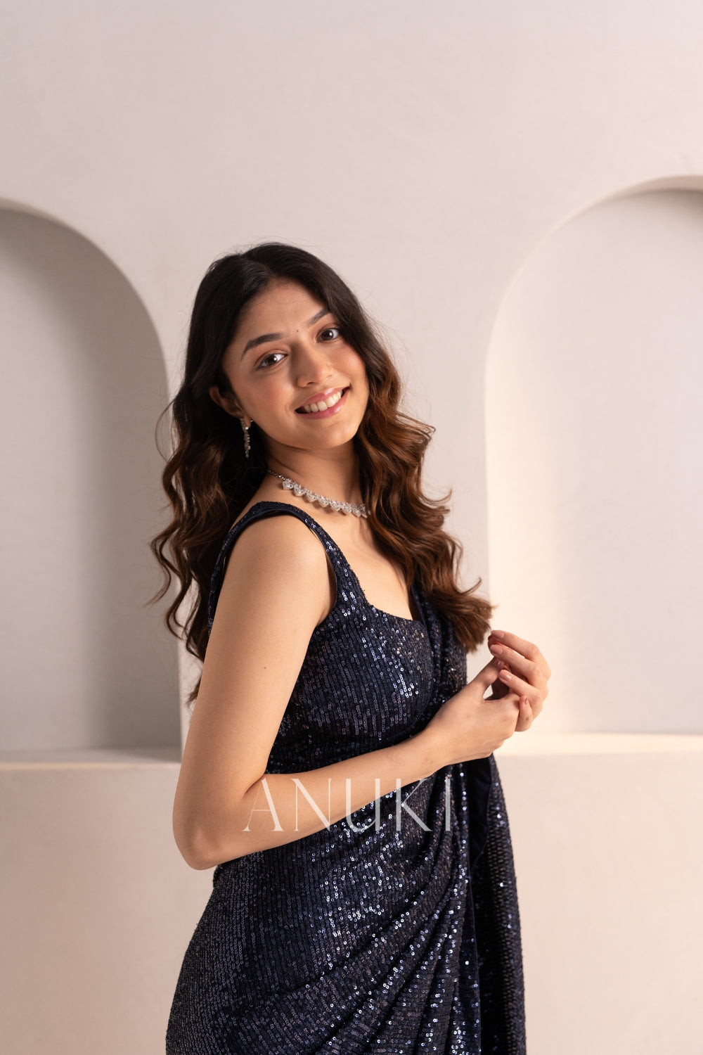Navy Blue Embellished Sequin Saree – Anuki.in