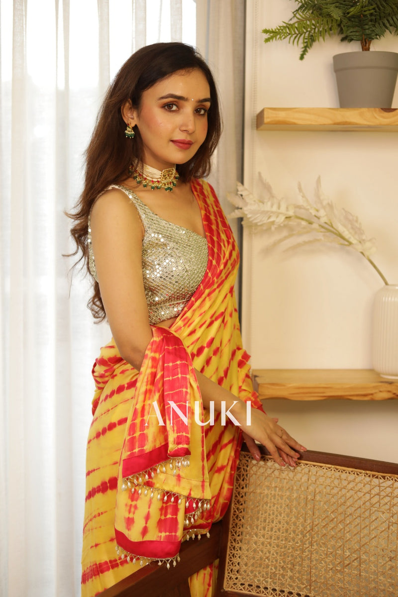 Yellow Pink Shibori Satin Silk Saree – Anuki.in