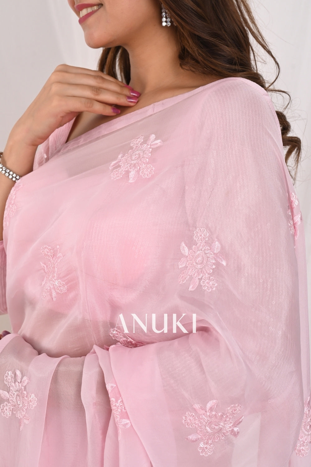 Rose Pink Floral Organza Saree – Anuki.in