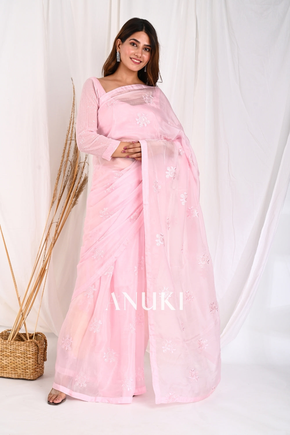 Rose Pink Floral Organza Saree – Anuki.in